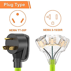 CircleRiver 30 Amp to 110V Adapter Power Cord for RV,NEMA TT-30P to 5-15R/5-20R T-Blade Household Connectors,Generator Adapter Cord with LED Indicator,10 Gauge 12 inch