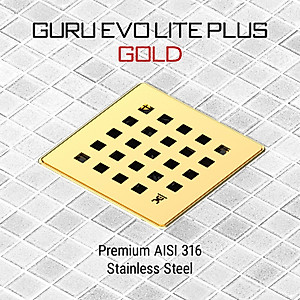 GURU USA Evo Lite Plus Square Stainless Steel Shower Drain with ABS Base & Hair Strainer, Bathroom Accessories for Shower Floor Drainage, Plus Gold