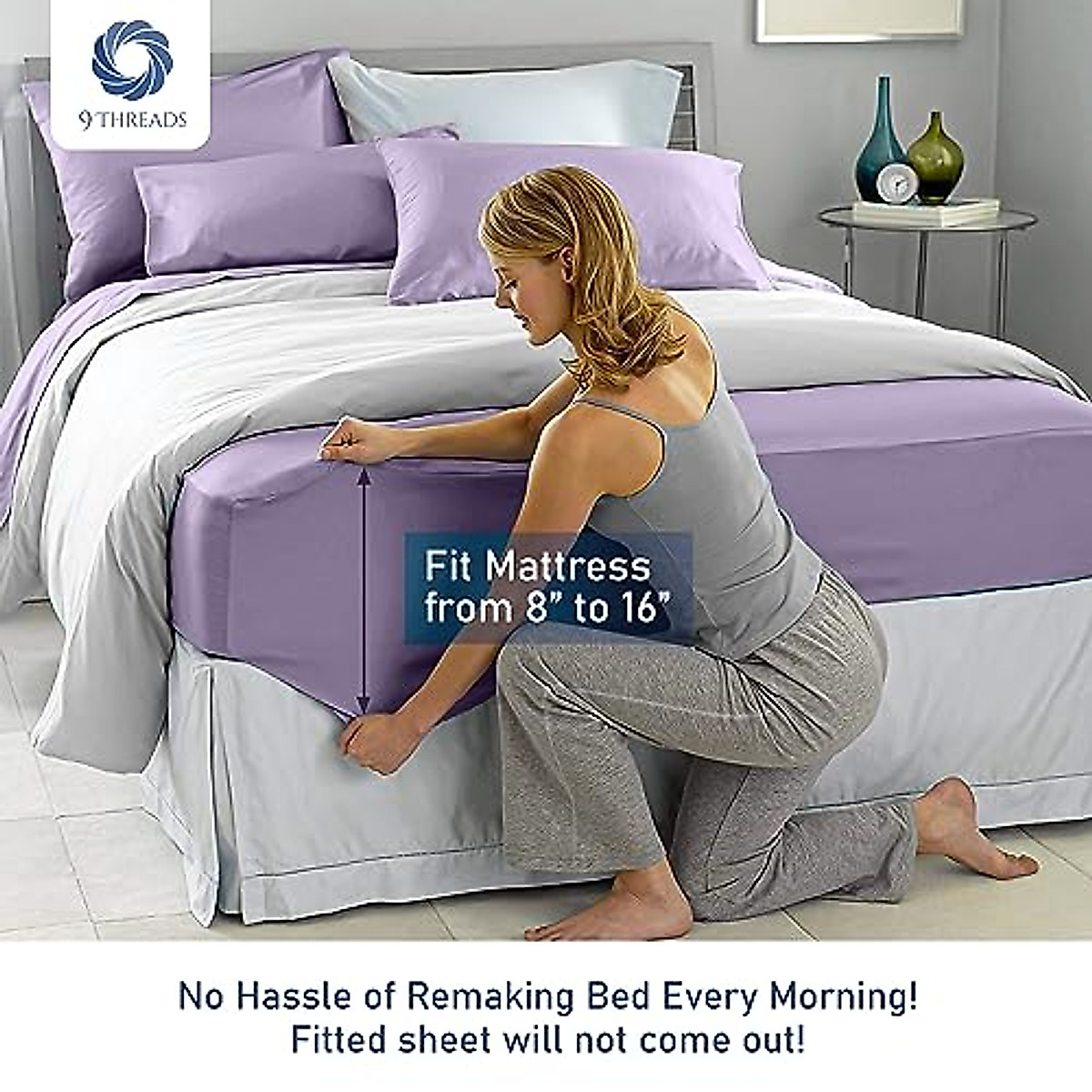 9Threads 400 Thread Count 100% Cotton Sateen Bed Sheets Deep Pocket, Cotton Bedsheets Crisp Cool and Strong Bed Linen (Light Purple, Queen (U.S. Standard))