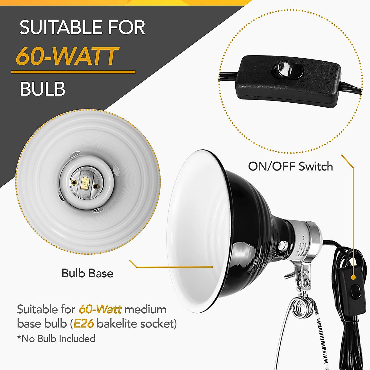 Simple Deluxe Reptile Dome Light Clamp Lamp Fixture with 5.5 Inch Aluminum Reflector for Amphibian Pet Terrariums Habitat (no Bulb Included), Black