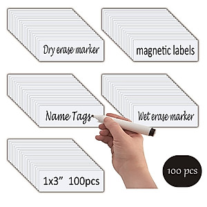 STTMGN Dry Erase Magnetic Name Tags,Magnets for Classroom(1x3",Pack of 100),Write On Labels,Waterproof/Reusable for Office&File Cabinet&Whiteboard&Fridge(White)