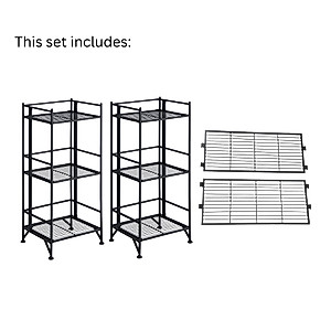 Convenience Concepts Xtra Storage 3 Tier Folding Metal Shelves with Set of 2 Extension Shelves - Organizer for Living Room, Office, Bedroom, Garage, Kitchen, Bathroom, Black