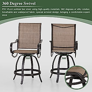PHI VILLA Patio Swivel Bar Set of 5,Large Metal Table and Barstool with Breathable Fabric,Black Thickened Frame and 360 Degree Swivel Bar Height Chairs for Lawn,Garden