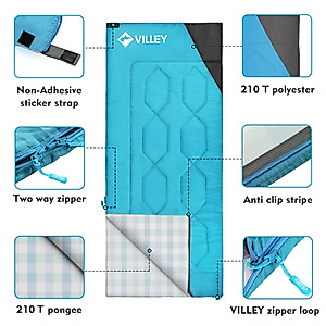 VILLEY Camping Sleeping Bag, Lightweight Backpacking Sleeping Bag with Carrying Bag for Adults & Kids, Outdoor Camping Hiking Equipment for 3 Season Warm & Cool Weather - Summer, Spring, Fall (Blue)