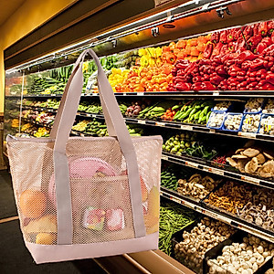 Mesh Beach Bags, Grocery Produce Tote Bag with Zipper & Pockets for Gym, Picnic, Shopping or Travel