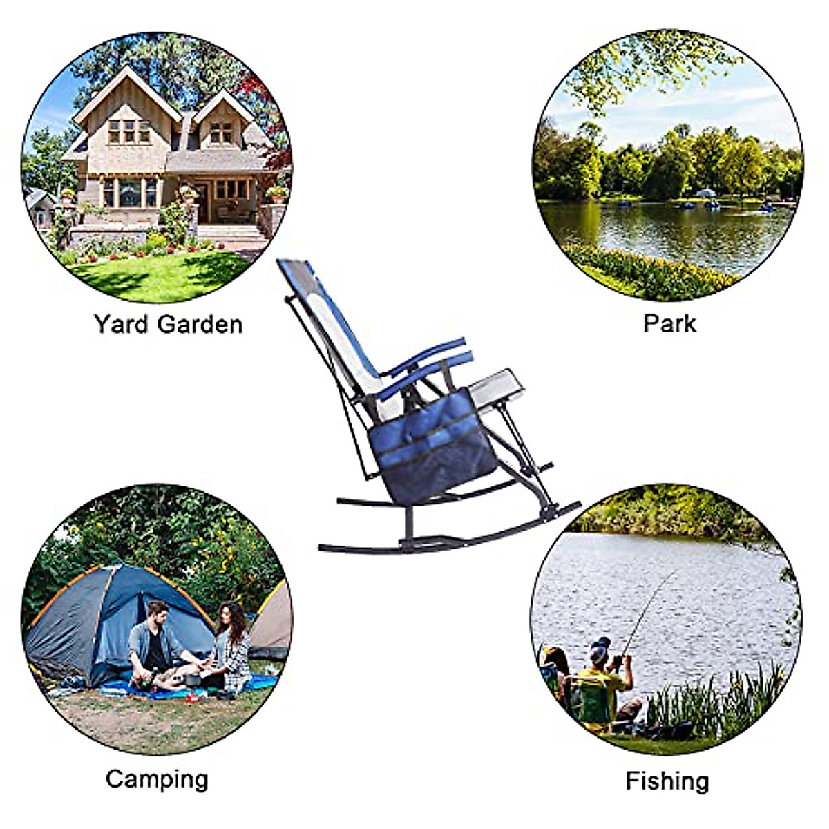 PORTAL Folding Camping Rocking Chairs Thicker Outdoor Patio Rocker Recliner Chairs Support 300 lbs, Blue