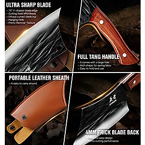 ENOKING Meat Cleaver Hand Forged Chef Knife High Carbon Steel Kitchen Butcher Knife with Full Tang Handle Leather Sheath Chopping Knife for Kitchen, Camping, BBQ (6.3 IN)