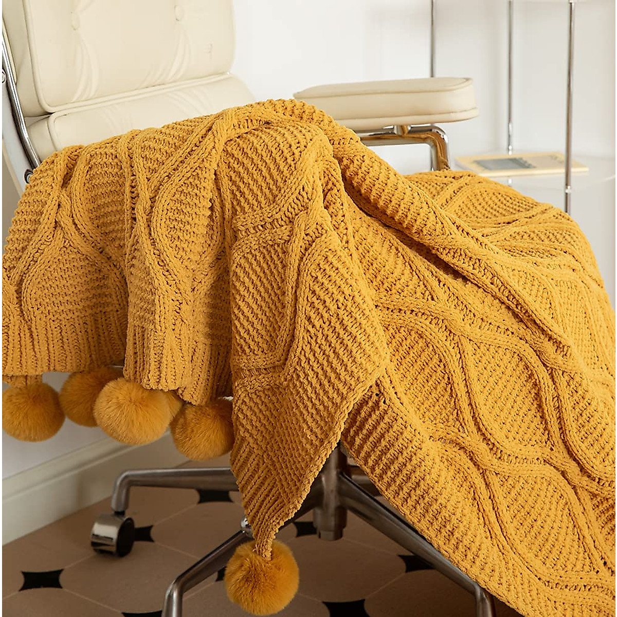 DONEUS Pom Pom Knit Blanket, Yellow Microfiber Soft Warm Handmade Knit Throw Blanket for Couch, Sofa, Chair, Office Super Soft Cable Knit Blankets -51x63 Inch