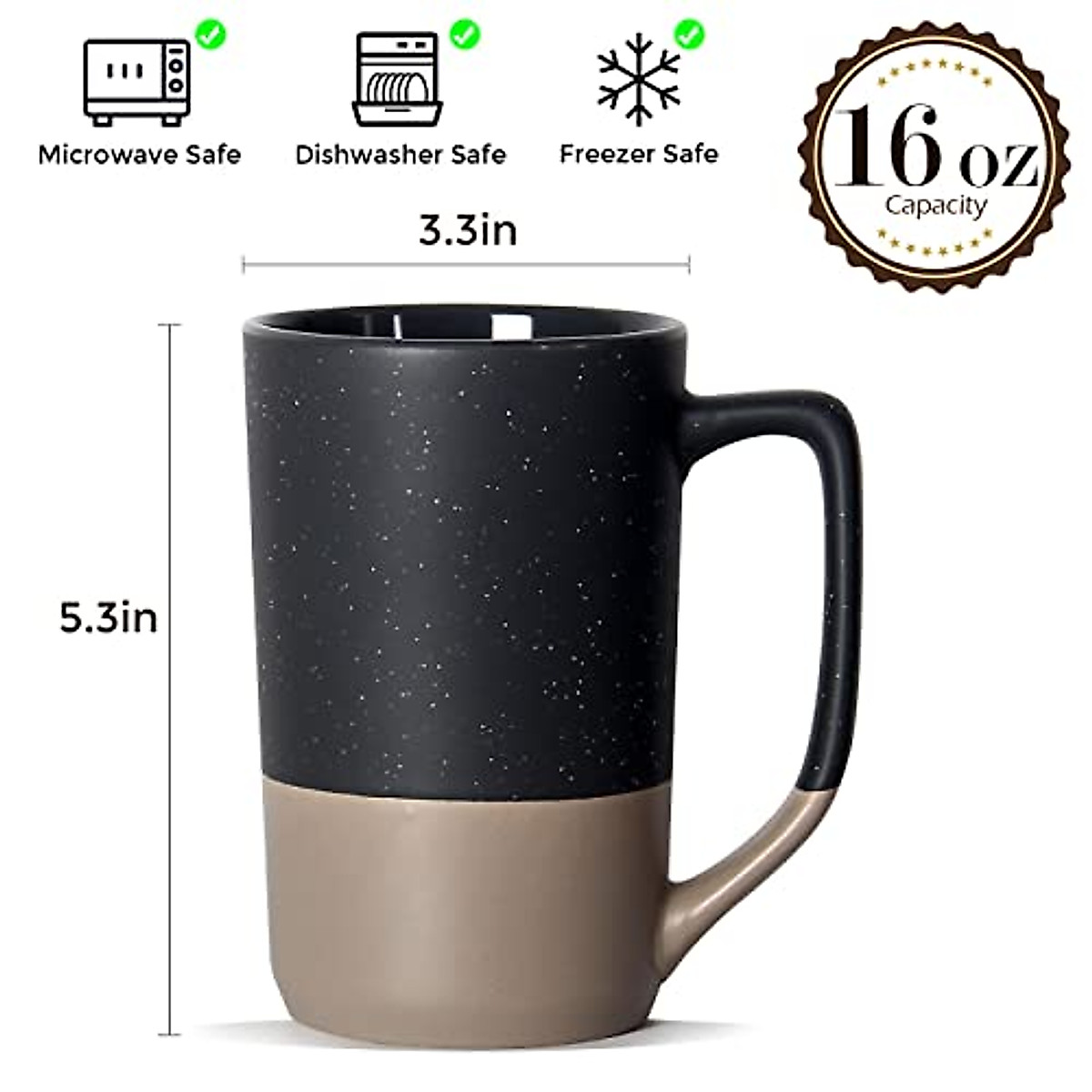 SHOWFULL 16 OZ Large Coffee Mug, Two Color Combination Big Ceramic Tea Cup with Square Handle with White Speckled for Men Women Restaurant Home Office Hot Drinks, Grey