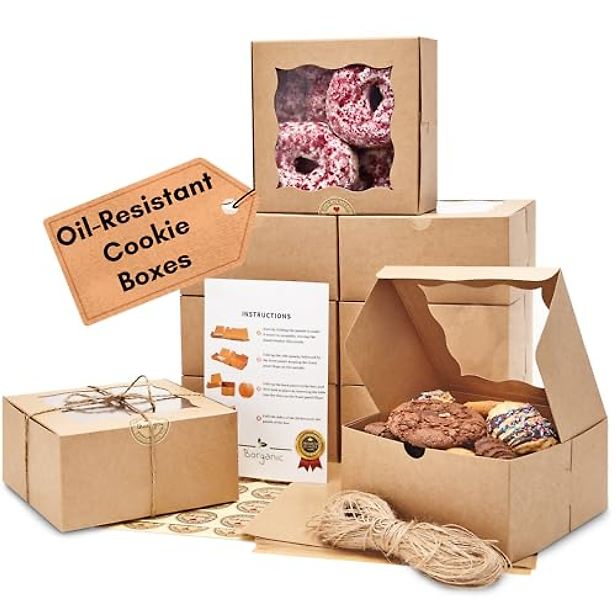 BORGANIC Cookie Boxes For Packaging - The Strongest 6x6x3 Cookie Boxes With Window [50 Pack] - Oil Resistant Cookie Boxes - Premium Bakery Boxes With Window - Cookie Boxes For Gift Giving