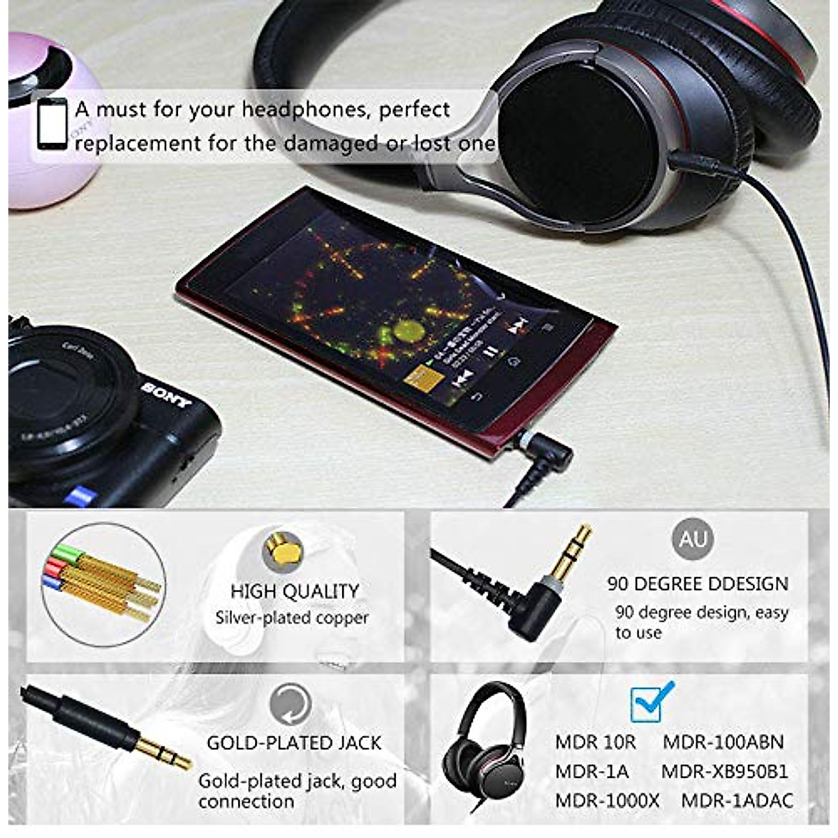 New Replacement Audio WH-1000X Headphone Cable Cord Compatible for Sony MDR-XB950BT MDR-1000X WH-1000XM2 WH-1000xm3 WH-CH700N MDR-100ABN MDR-1A MDR-1ADAC MDR-XB950N1 Wireless Headphones (Black)