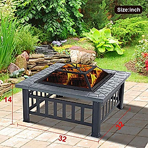 Outdoor Metal Square Fire Pit, 32" Metal firepit for Patio Wood Burning Fireplace Square Garden Stove with Charcoal Rack, Poker & Mesh Cover for Camping Picnic Bonfire Backyard