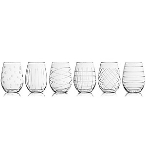 Fifth Avenue Crystal Glasses Medallion Stemless Wine Goblets, 6 Count (Pack of 1), Clear