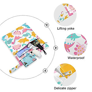 Moudou 2pcs Dinosaur Wet Dry Bag Waterproof Reusable Baby Cloth Diaper Wet Dry Organizer with Two Zippered Pockets for Travel, Beach, Pool, Stroller, Diapers, Dirty Gym Clothes, Wet Swimsuits