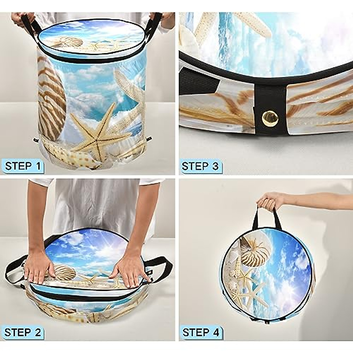 pnyoin 50L Large Popup Laundry Hamper Round with Zipper Lid Reinforced Handles Portable Collapsible Basket for Kids Room College Dorm Travel, Sunny Sky with Starfish