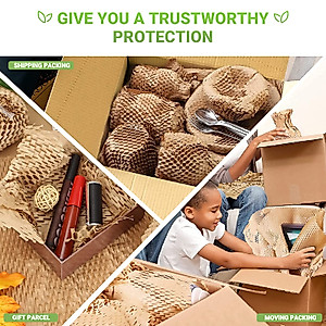 WOJEE Honeycomb Packing Paper Eco-Friendly Bubble Cushioning Wrap Roll with 12 Fragile Sticker Labels, Recyclable Kraft Packing Paper for Moving, Shipping Suppliers (12 Inch x132 Feet, Brown)