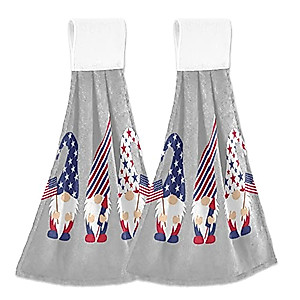 Vnurnrn Patriotic 4th of July Gnomes American Flag Hanging Tie Towels Absorbent Hand Towel with Hook & Loop for Kitchen Bathroom 2 Pieces