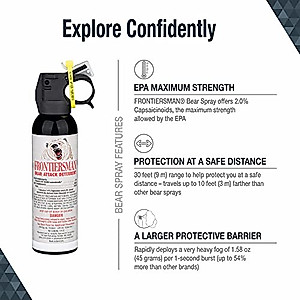 SABRE Frontiersman 7.9 oz. Bear Spray, Maximum Strength 2.0% Major Capsaicinoids, Powerful 30 ft. Range Deterrent, Outdoor Camping & Hiking Protection, Quick Draw Holster Multipack Options