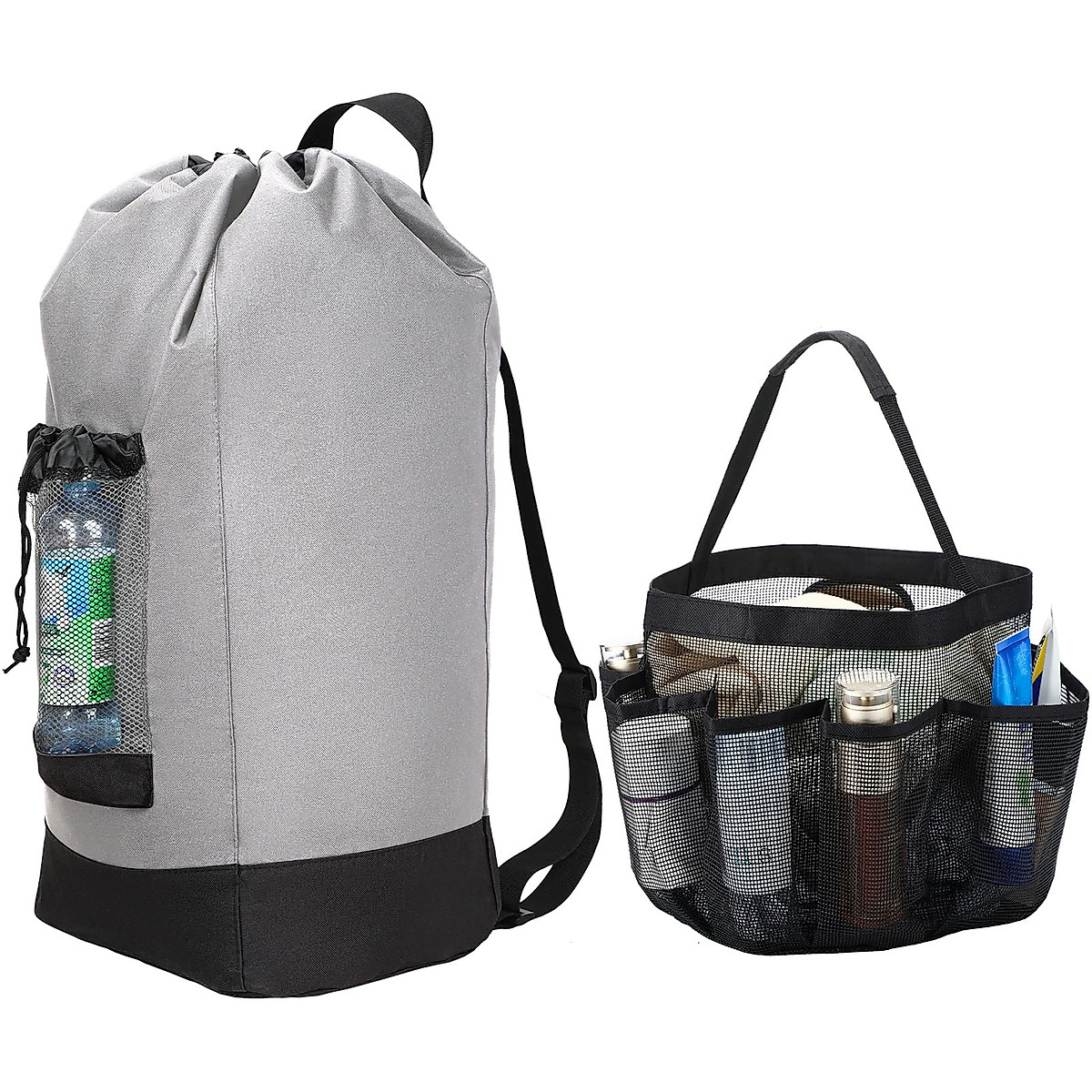 Panelee 2 Pcs Mesh Shower Caddy Laundry Backpack Large Laundry Bag Mesh Shower Bag with 8 Pockets Portable Laundry Travel Bags Tote for College Room Bathroom Shower Essentials Storage (Black, Gray)