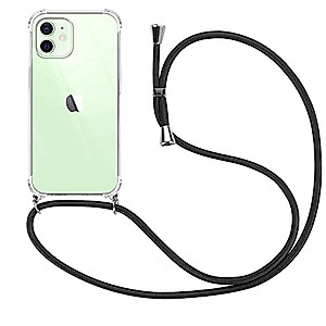Vauki Crossbody Case for iPhone 12/iPhone 12 Pro Clear Silicone Phone Case for iPhone 12 6.1" with Lanyard Neck Cord Strap, Soft TPU Shockproof Protective Transparent Cover Case - Black Necklace
