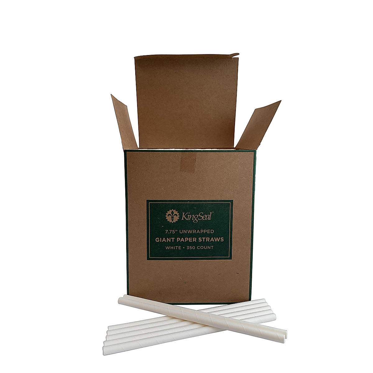 Kingseal Disposable Paper Drinking Straws, Unwrapped, WHITE, 7.75 Inch Length x 8mm Diameter, Giant" Size, White, Biodegradable, Earth Friendly, Bulk Pack - 1 Box of 350 Straws