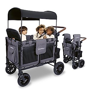 WONDERFOLD W4 Luxe Stroller Wagon (4 Seater) - Collapsible Wagon Stroller with Seats with Magnetic Buckle 5-Point Harnesses, Charcoal Gray-Black Frame