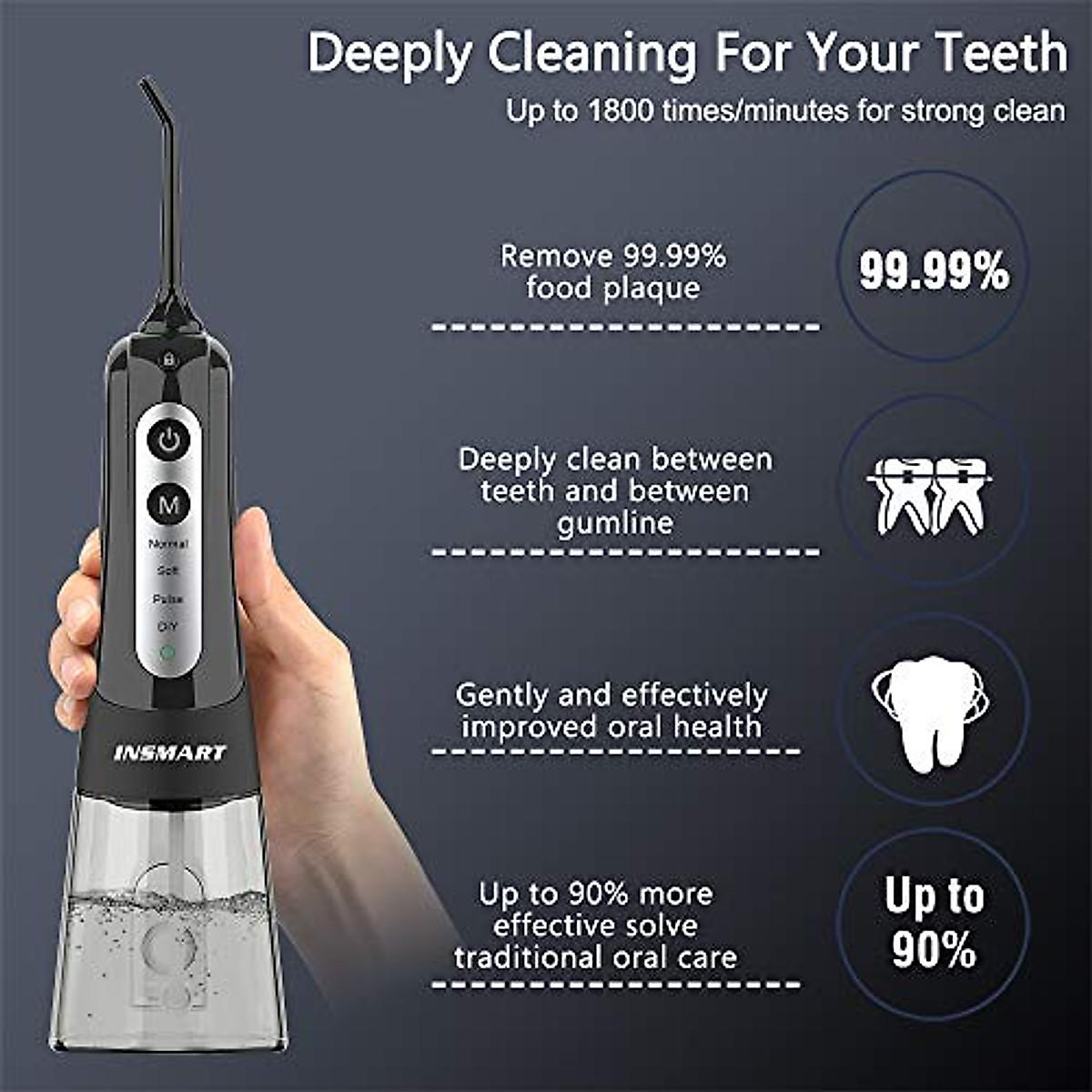 Cordless Water Dental Flosser Teeth Cleaner, INSMART Professional 300ML Tank DIY Mode USB Rechargeable Dental Oral Irrigator for Home and Travel, IPX7 Waterproof 4 Modes Irrigate for Oral Care