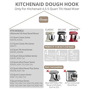 Dough Hook for Kitchenaid Mixer, HOMGEN Original Stainless Steel Spiral Dough Hook Attachment Fit for 4.5-5 QT Bowl Tilt-Head Stand Mixers Rustproof Bread Dough Hook Attachment Support Dishwasher Safe