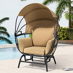 Crestlive Products Egg Chair Outdoor Indoor, Glider Chair with Folding Canopy, All Weather Aluminum Oversized Lounge Chair w/Cushion & Sun Shade Cover for Living Room, 350lbs Capacity (Black&Tan