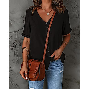 luvamia Women's V Neck Button Down Shirts Ruffle Short Sleeve Blouses Cute Summer Tops Black Size Large Size 12 Size 14