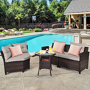 HAPPYGRILL 4PCS Curved Outdoor Sofa Set Rattan Wicker Patio Furniture Set with Coffee Table & Cushions Modern Conversation Set Curved Sofa Set for Garden Poolside Balcony