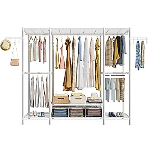 Ulif E3 Heavy Duty Garment Rack, 4 Tiers Freestanding Closet Organizer System with 5 Shelves, Metal Closet Organizer and Storage System for Clothes, Max Load 650lbs, 57.1"W x 14.5"D x 77.3"H, White