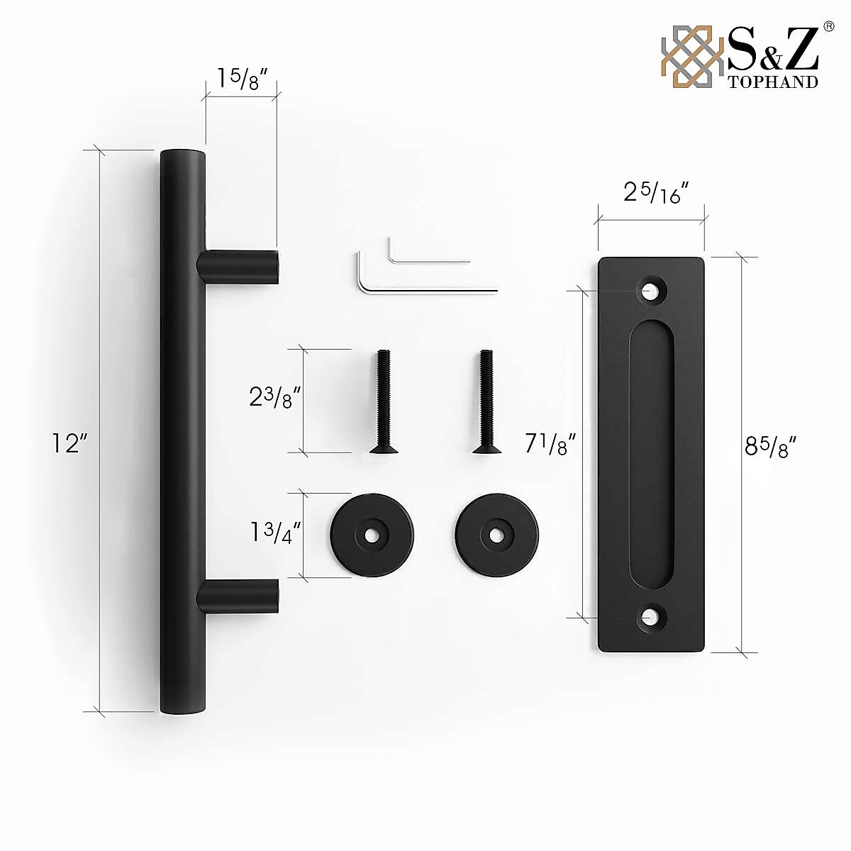 S&Z TOPHAND® 12 Inch Sliding Barn Door Handles Black Hardware, Set Black Powder Coated Finish Round Shape - Fit 1 3/8-1 3/4" Thickness Door Panel, Heavy Duty Solid Steel Gate (2, Black)