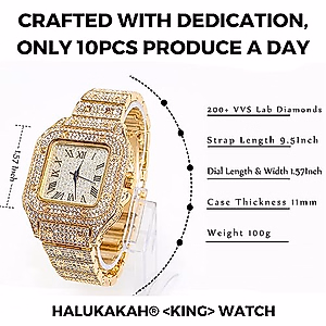 Halukakah Men's Diamond Watch - The King - 18K Gold Plated, 40MM Square Dial, Iced Out Wristband, Lab Diamonds Handset, Comes in Giftbox