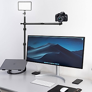 Obeamiu Desk Mount Stand with 27'' Auxiliary Holding Arm, Detachable 2-Section Magic Arm Overhead Light Stand, 16.7-40.1 in Tabletop Stand for DSLR Camera/Fill Light/Live Streaming/Webcam