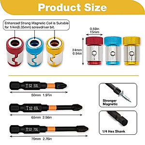 3 Pieces Strong Magnetic Screw Ring Holders With 3 Pieces Ph2 Screwdriver Bit Set, 1/4 Inch/ 6.35 mm Universal Magnetic Screw Ring Bit for Hex Screwdriver and Power Bits
