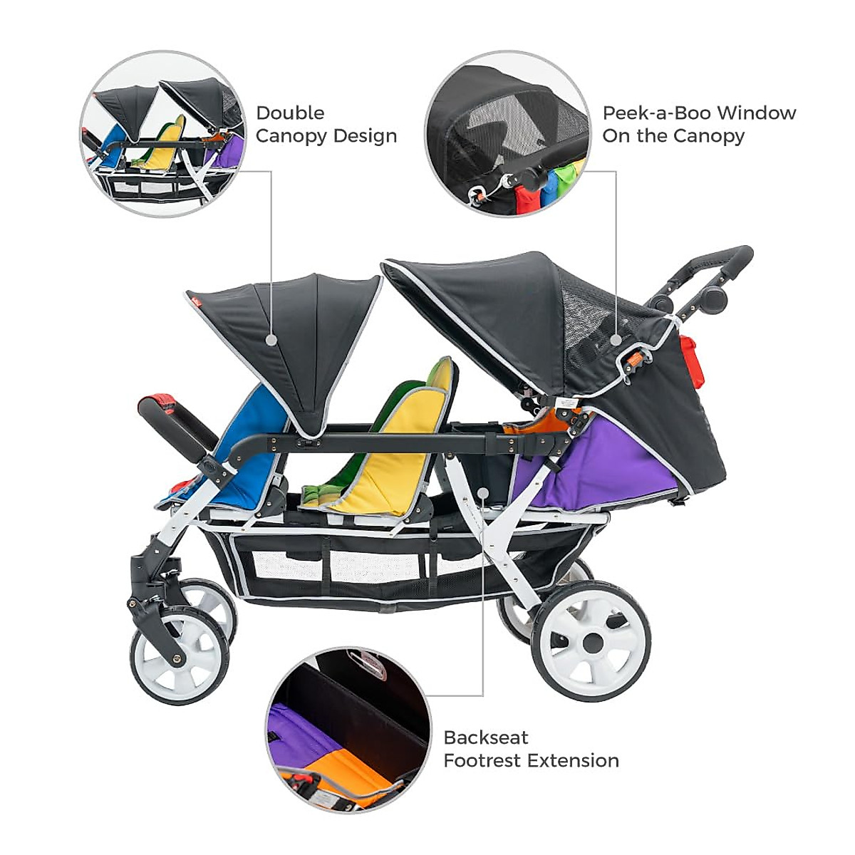 Familidoo H6E 6 seat Baby Stroller- Double Canopy - Daycare Strollers with 5 Point Safety Harness - Backseat footrest Extension for 0 to 36 Months