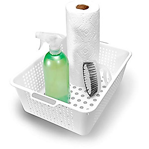 Madesmart Plastic Multipurpose Storage Basket with Handles, Portable Under Sink and Cabinet Organizer Storage Bin, Medium, White