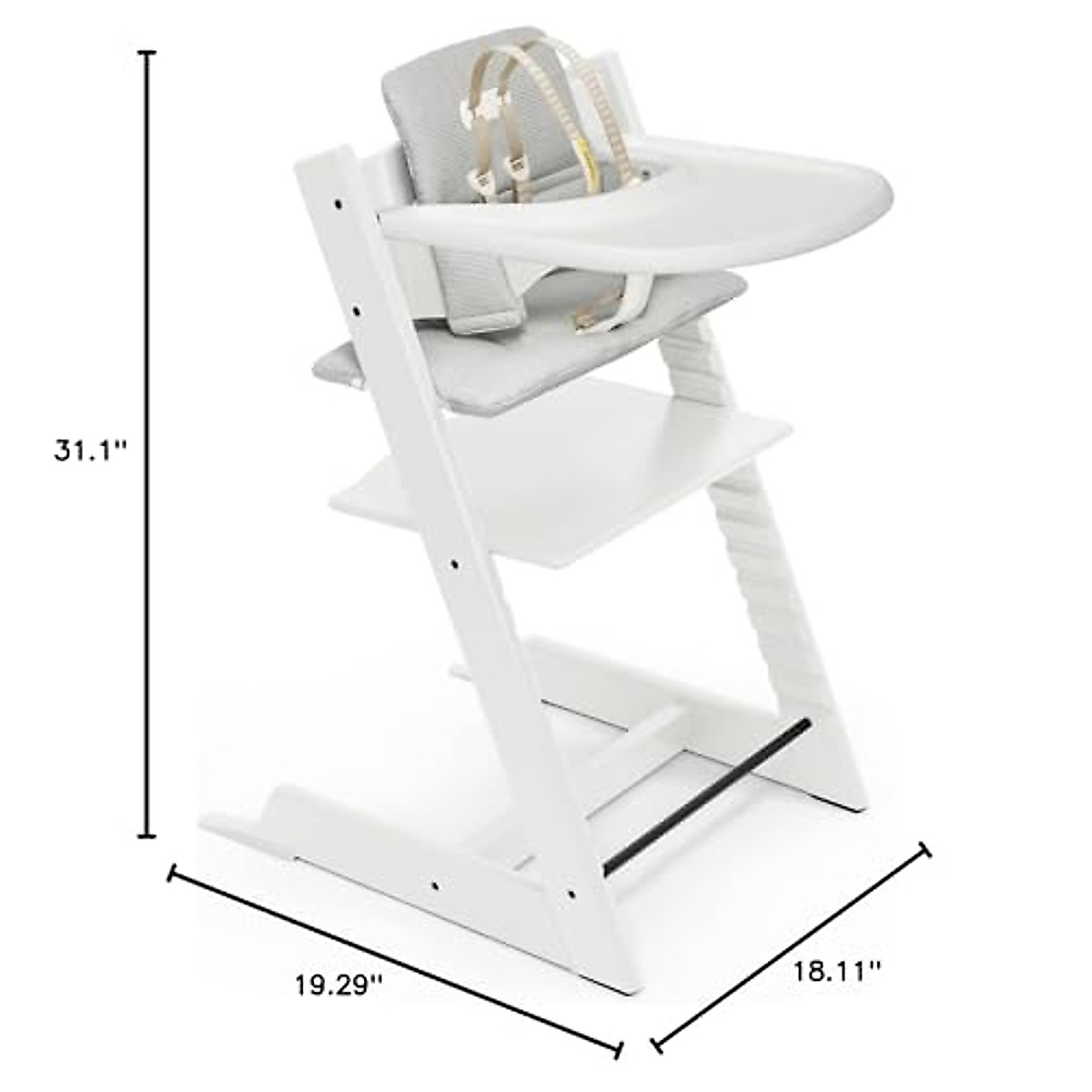 Tripp Trapp High Chair and Cushion with Stokke Tray - White with Nordic Grey - Adjustable, Convertible, All-in-One High Chair for Babies & Toddlers