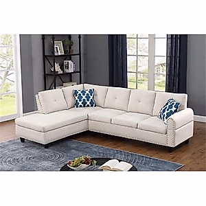 Devion Furniture Polyester Fabric Sectional Sofa with Lift-top Storage Ottoman, Tufted Design, in Beige Finish