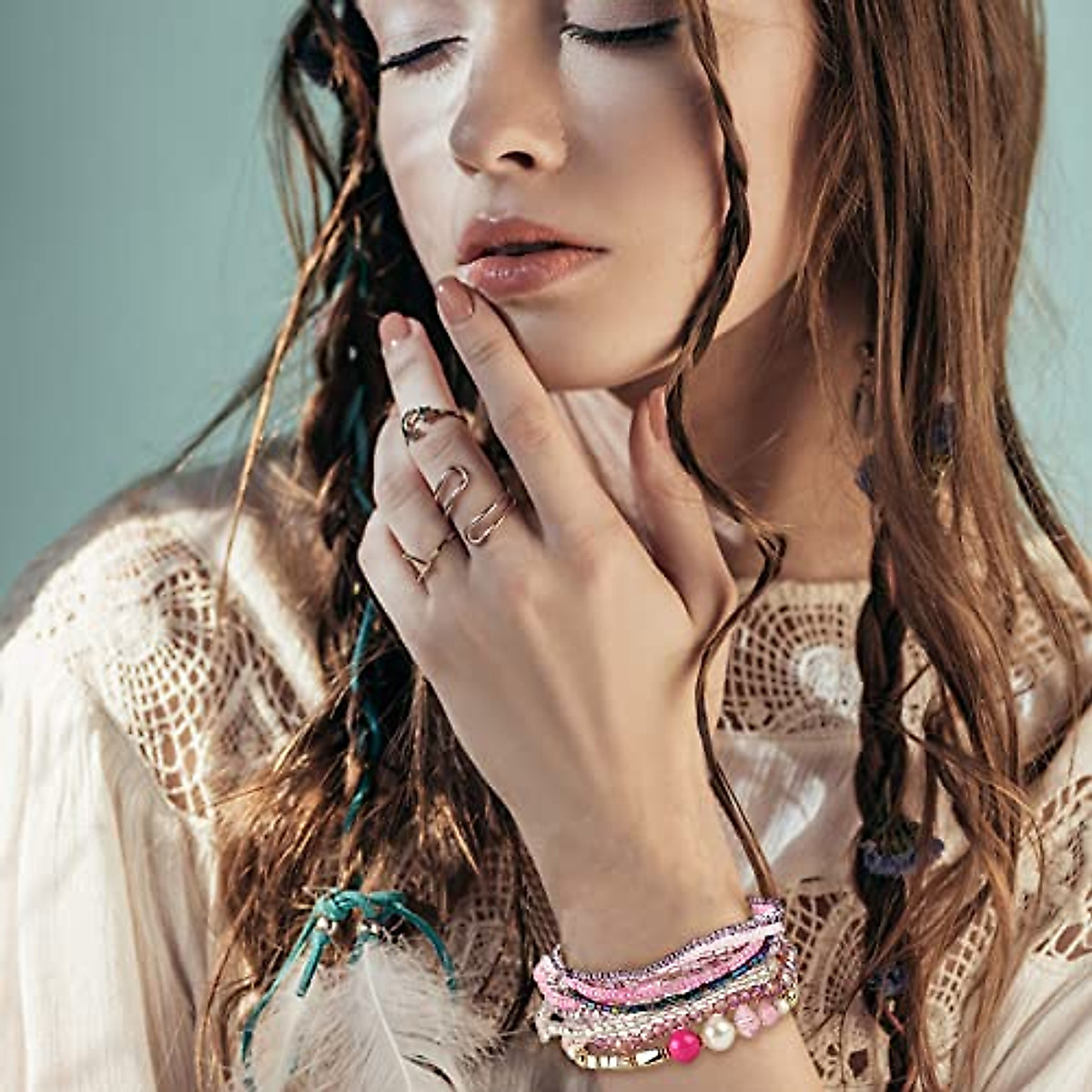 FIBO STEEL 6 Sets Bohemian Stackable Bead Bracelets for Women Stretch Multilayered Bracelet Set Multicolor Jewelry,Small Beads Stylish Style