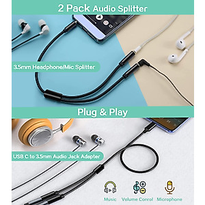 Guamar Audio Splitter for Headphones/Mic (2 Pack),USB C to 3.5mm Audio Jack Adapter,Headset 3.5mm Y Cable Dual Earphone Jack Aux Stereo Cord for 2 TRRS Microphones to PC,Phone,Tablet,Laptop