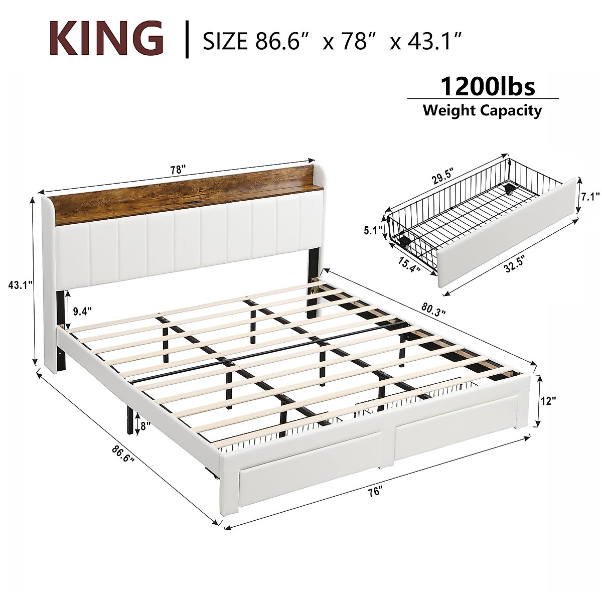 XKLOGER Upholstered Bed Frame King Size with Headboard, Platform King Bed Frame with Storage Drawers & Charging Station, No Box Spring Needed/Noise Free/Heavy Duty/White