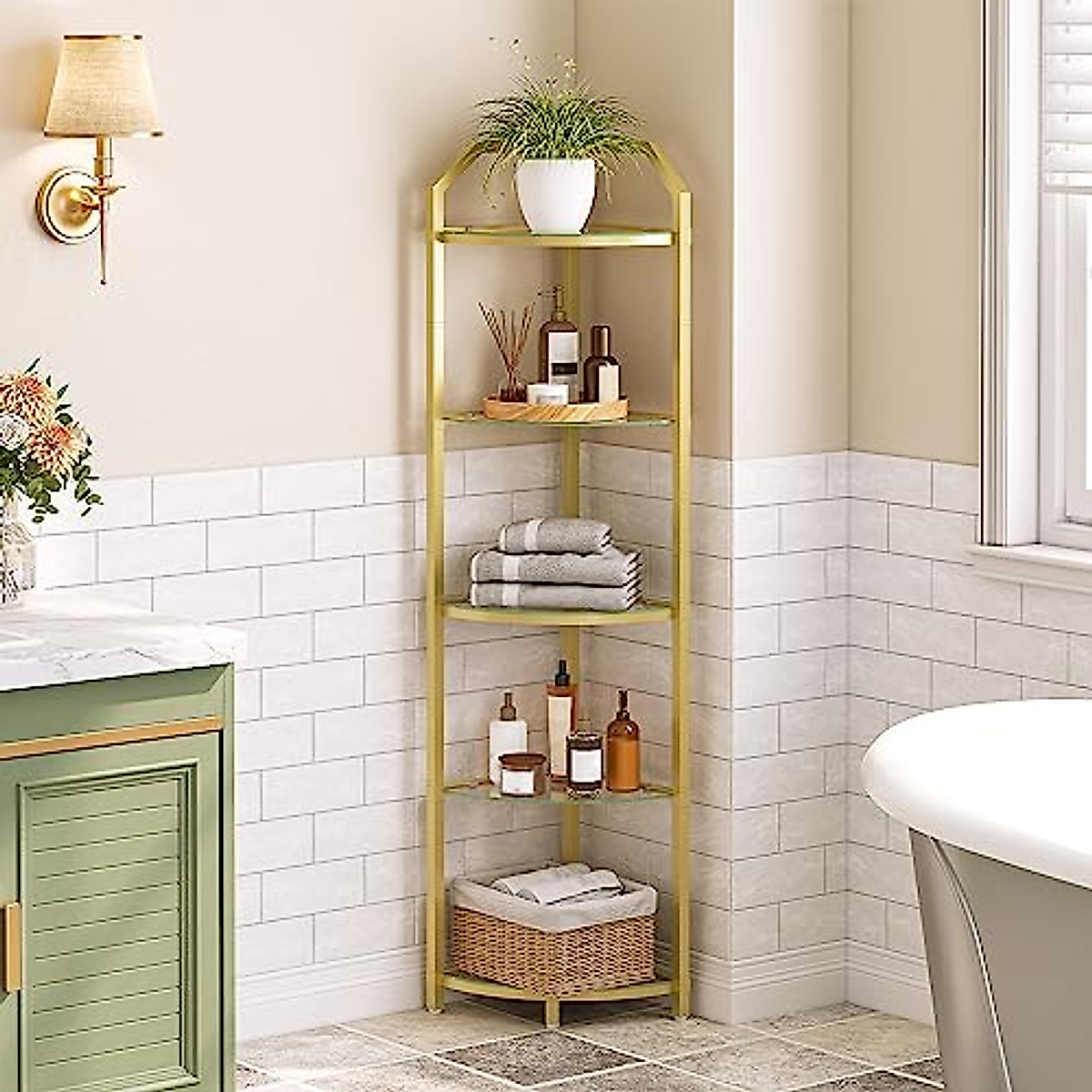 HOOBRO 5-Tier Corner Shelf Stand, Gold Corner Bookshelf, Tempered Glass Shelves, Corner Plant Stand, for Living Room, Bedroom, Study, Bathroom, Balcony, Modern Style, Gold GD14CJ01