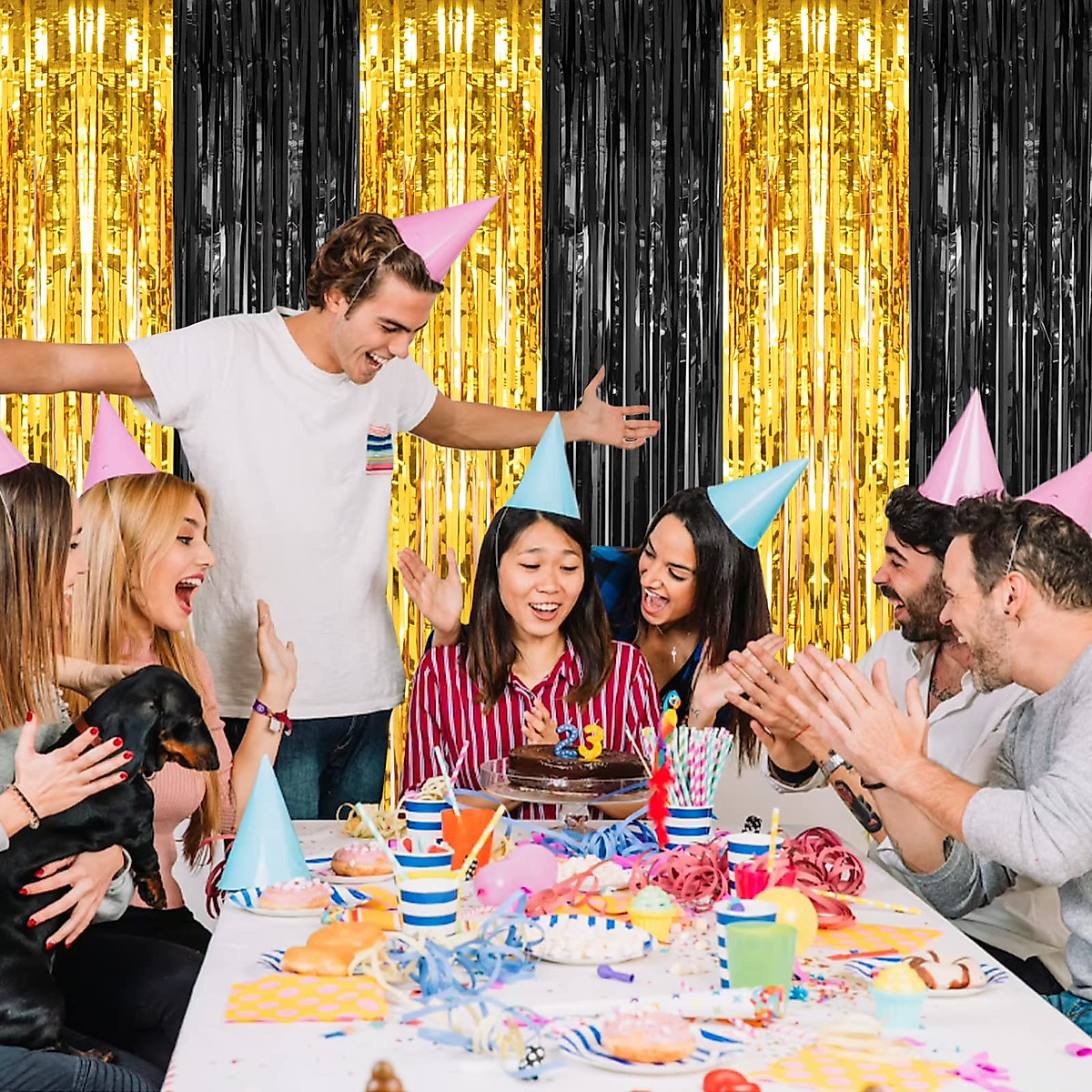 PIGETALE, 2 Pack 3.2x8.2 Feet Black and Gold Tinsel Backdrop Party Decorations, Foil Fringe Curtains Backdrop for Birthday Graduation Wedding Engagement Bridal