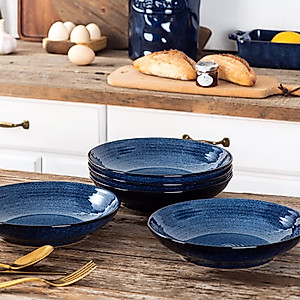 vicrays Ceramic Pasta Bowls Set, 34 Ounce Large Ripple Salad Bowls, Wide and Shallow, Chip Resistant, Dishwasher Microwave Safe, stoneware Bowls for Kitchen, Serving Bowls, Set of 4 (Blue)