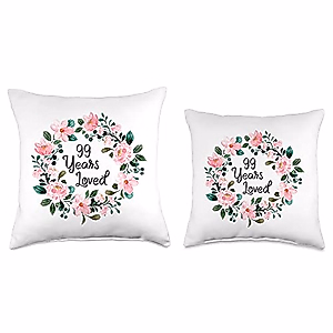 Mom Grandma 99th Birthday Gift Apparel Loved Men Women 99 Years Old Floral 99th Birthday Throw Pillow, 16x16, Multicolor