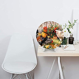 TazPrab Chicken Roosters Garden Flowers Painting Wall Clock Silent Non-Ticking 10 Inch Round Wall Clock Home Decor Clock Art for Living Room Kitchen Bedroom