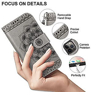 CASEOWL Compatible for iPhone 14 Pro Max Wallet Case[Support Magsafe Charger] 2-in-1 Magnetic Detachable[RFID Blocking] Mandala Embossed Flip Leather Wallet Case with Card Holder,Strap for Women(Gray)