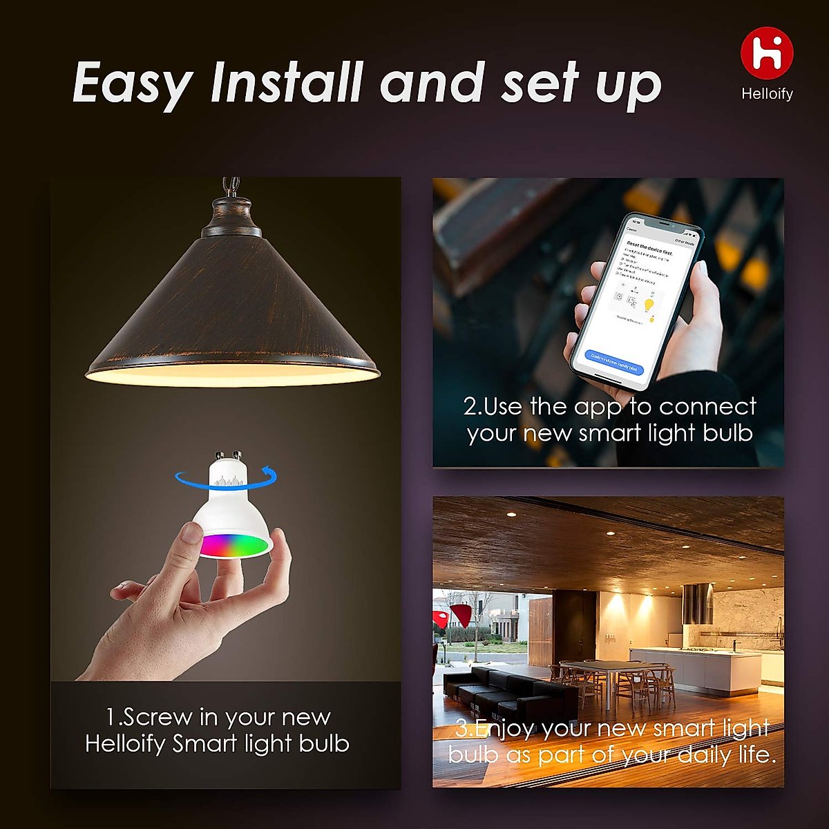 helloify GU10 LED Smart, WiFi Light Bulb Compatible with Alexa Google Home, RGBCW Color Changing, Cool Warm White Light Dimmable, No Hub Required, 40W Equivalent, RGB+2700K-6500K, 2PCS
